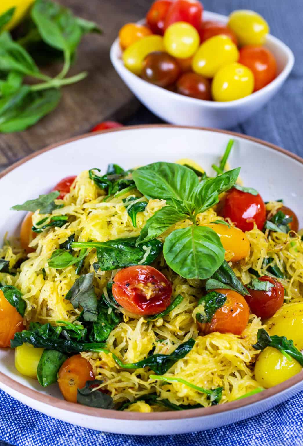 Spaghetti Squash with Cherry Tomatoes and Spinach - Skinny Southern Recipes
